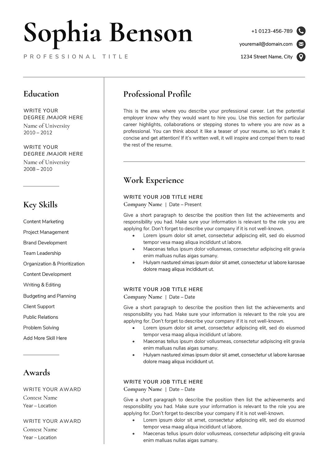 Professional Resume Template for Word Pages Google Docs | Etsy