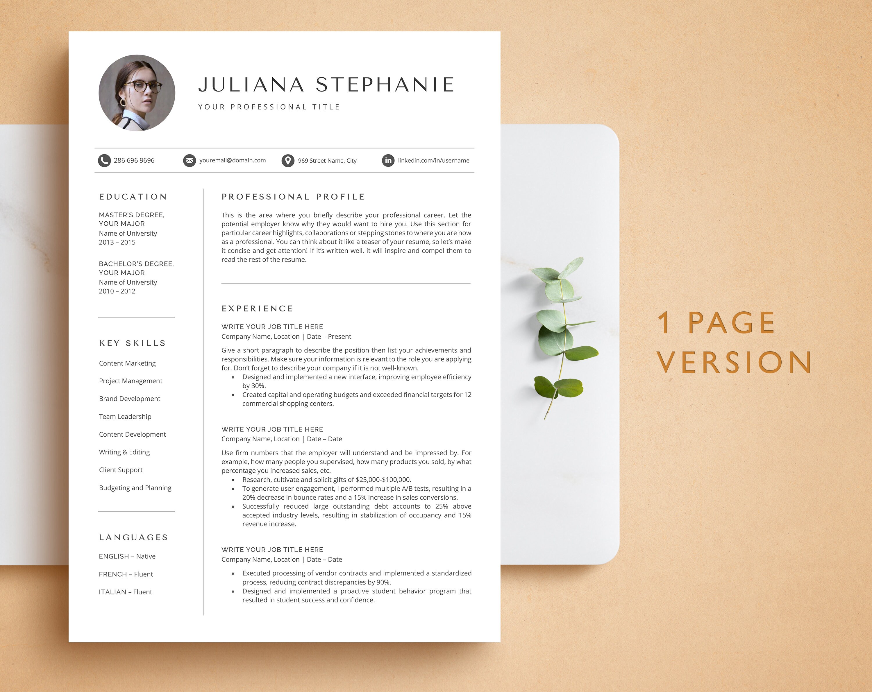 Modern Resume Template for Google Docs, Word, Pages | Professional ...