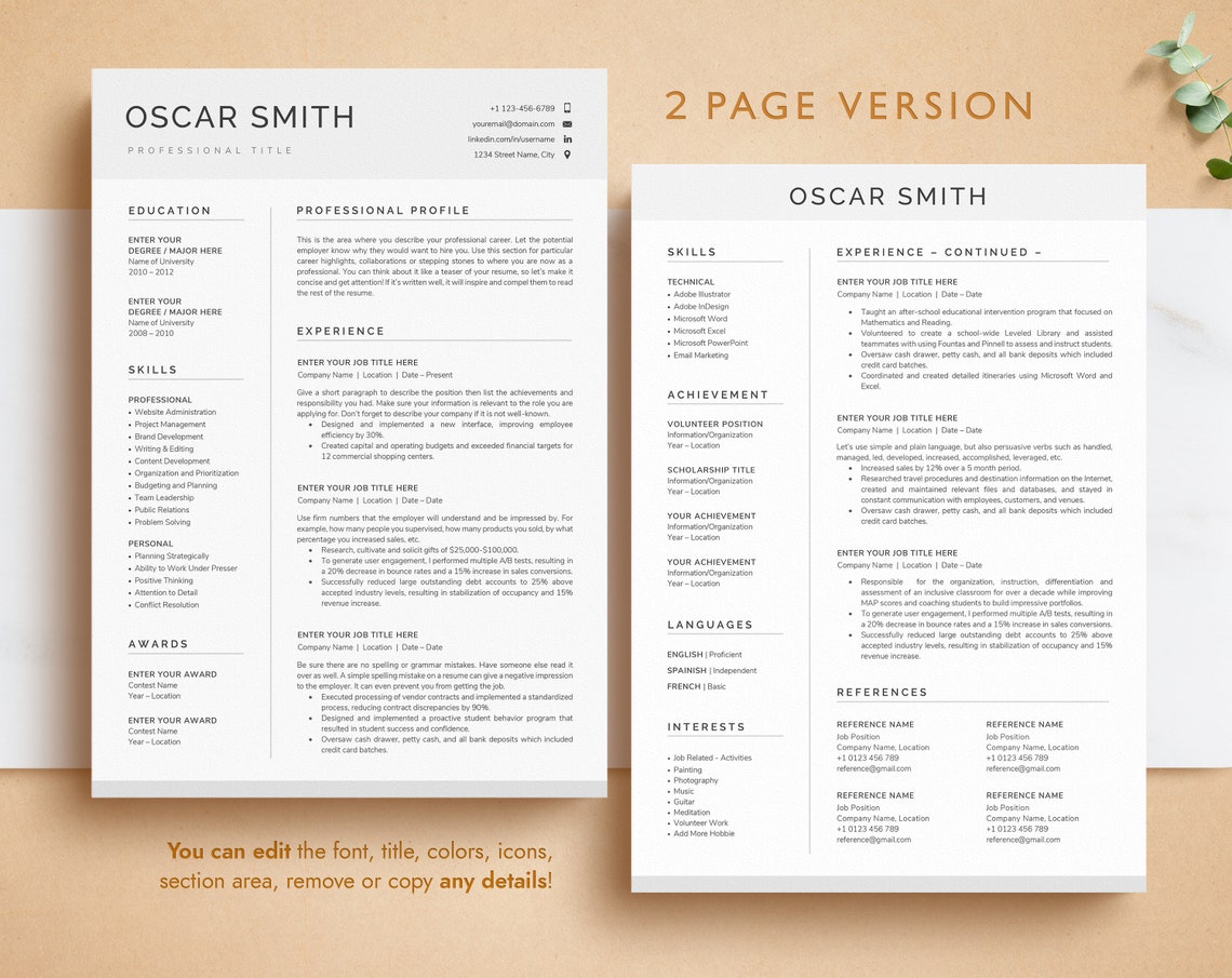Professional Resume Template for Word Pages Google Docs - Etsy