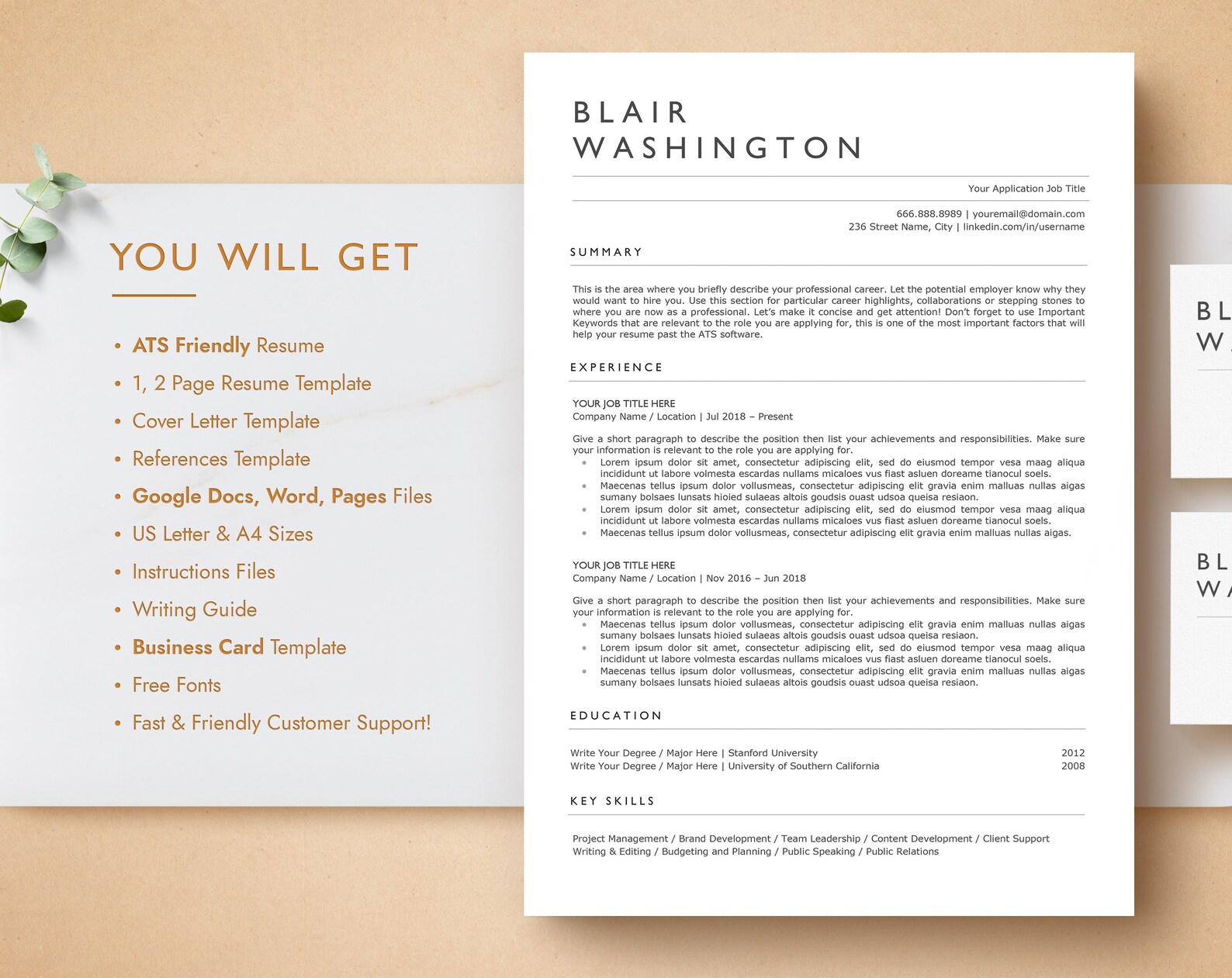 ATS Friendly Resume, Professional Resume Template for Word, Pages ...