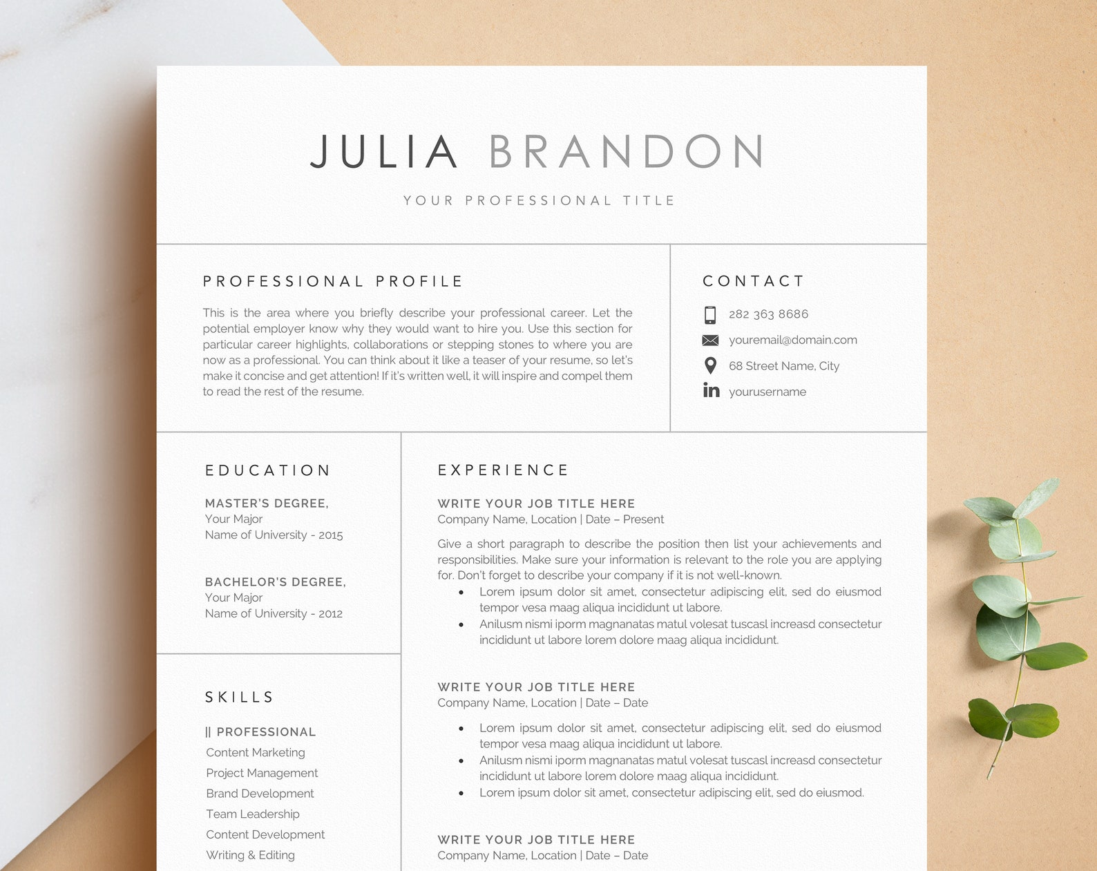 Creative Resume Template for Word, Pages, Google Docs | Professional ...