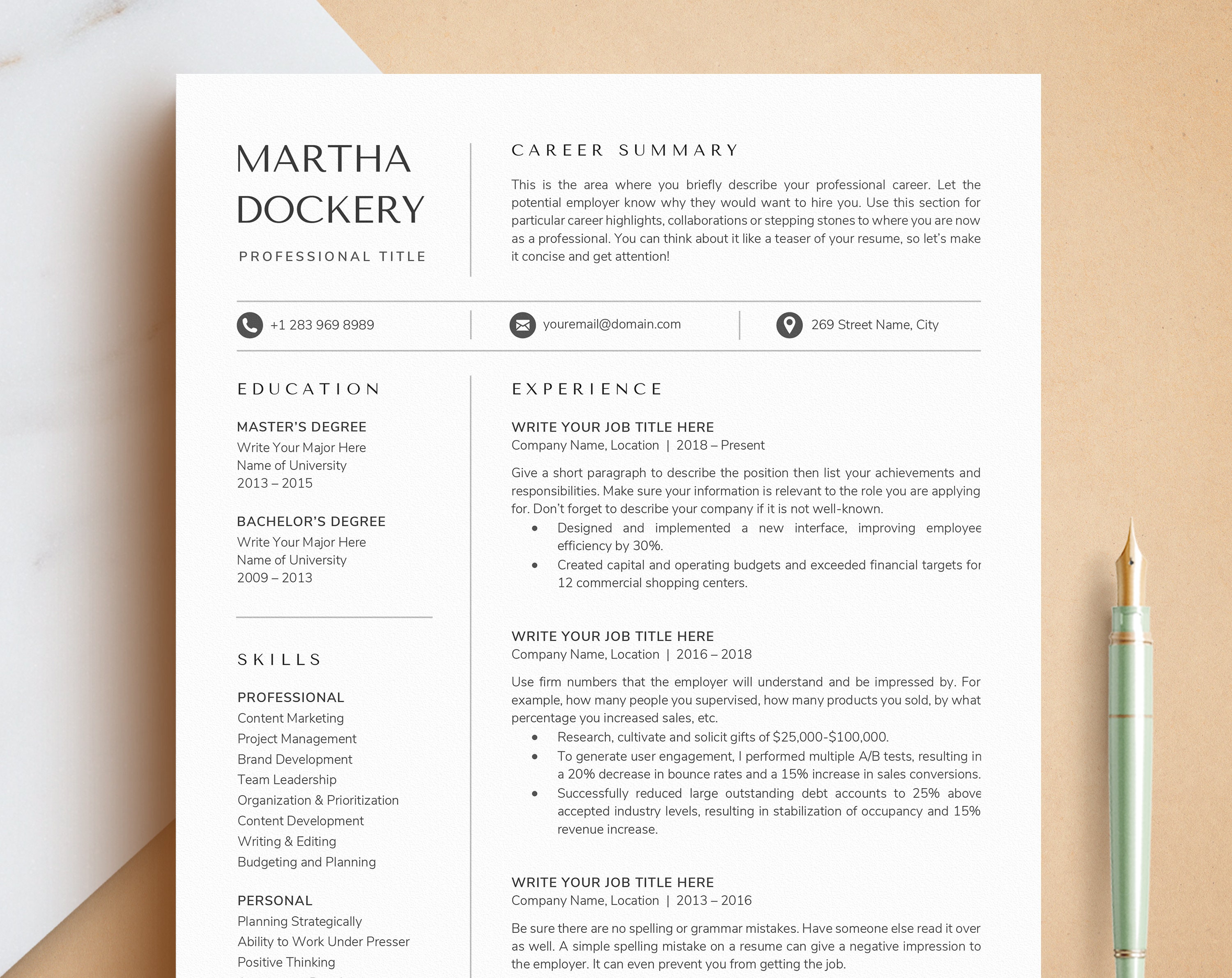 Professional Resume Template for Word, Pages & Google Docs + Business ...