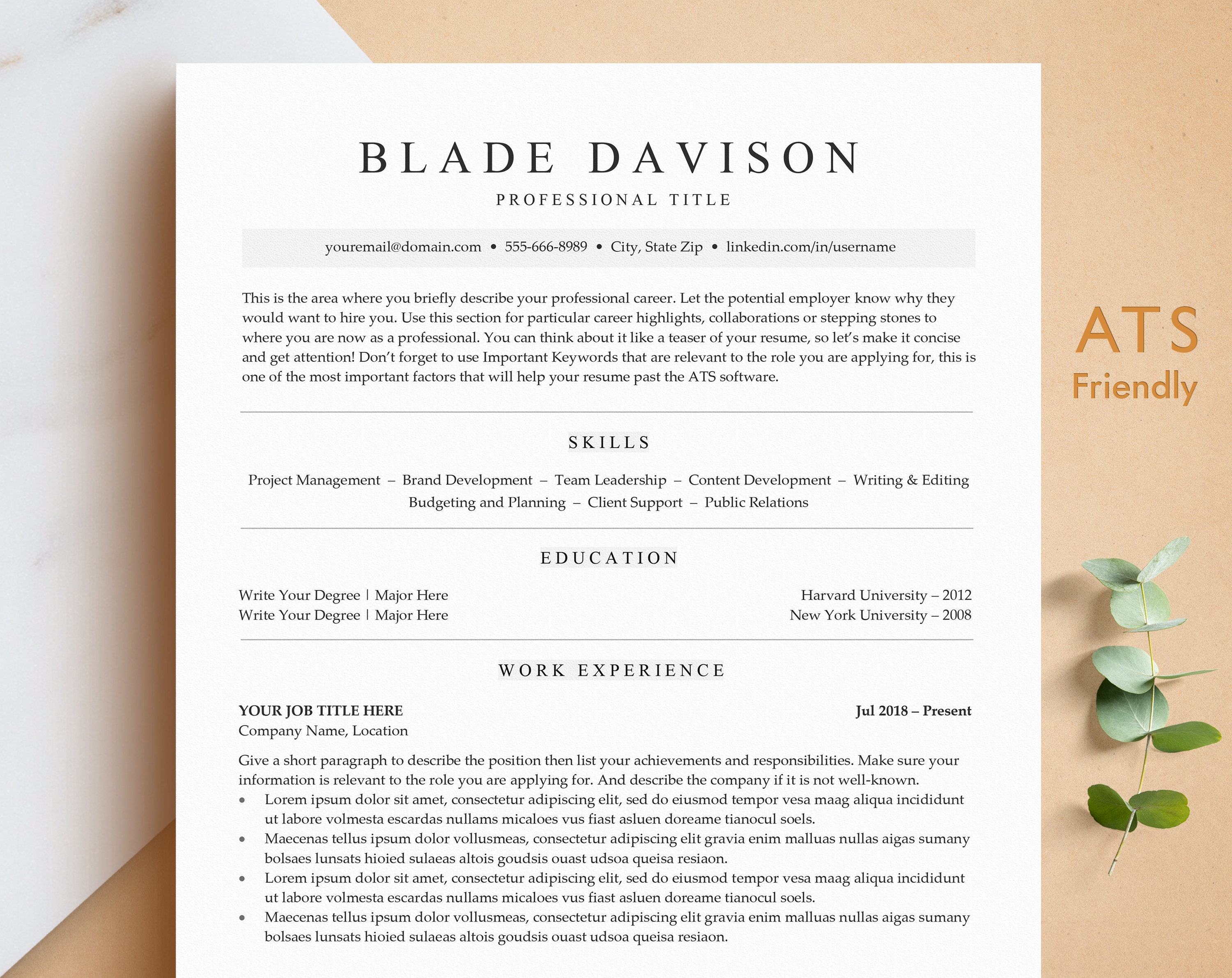 ATS Friendly Resume Template for Word, Pages, Google Docs, ATS ...