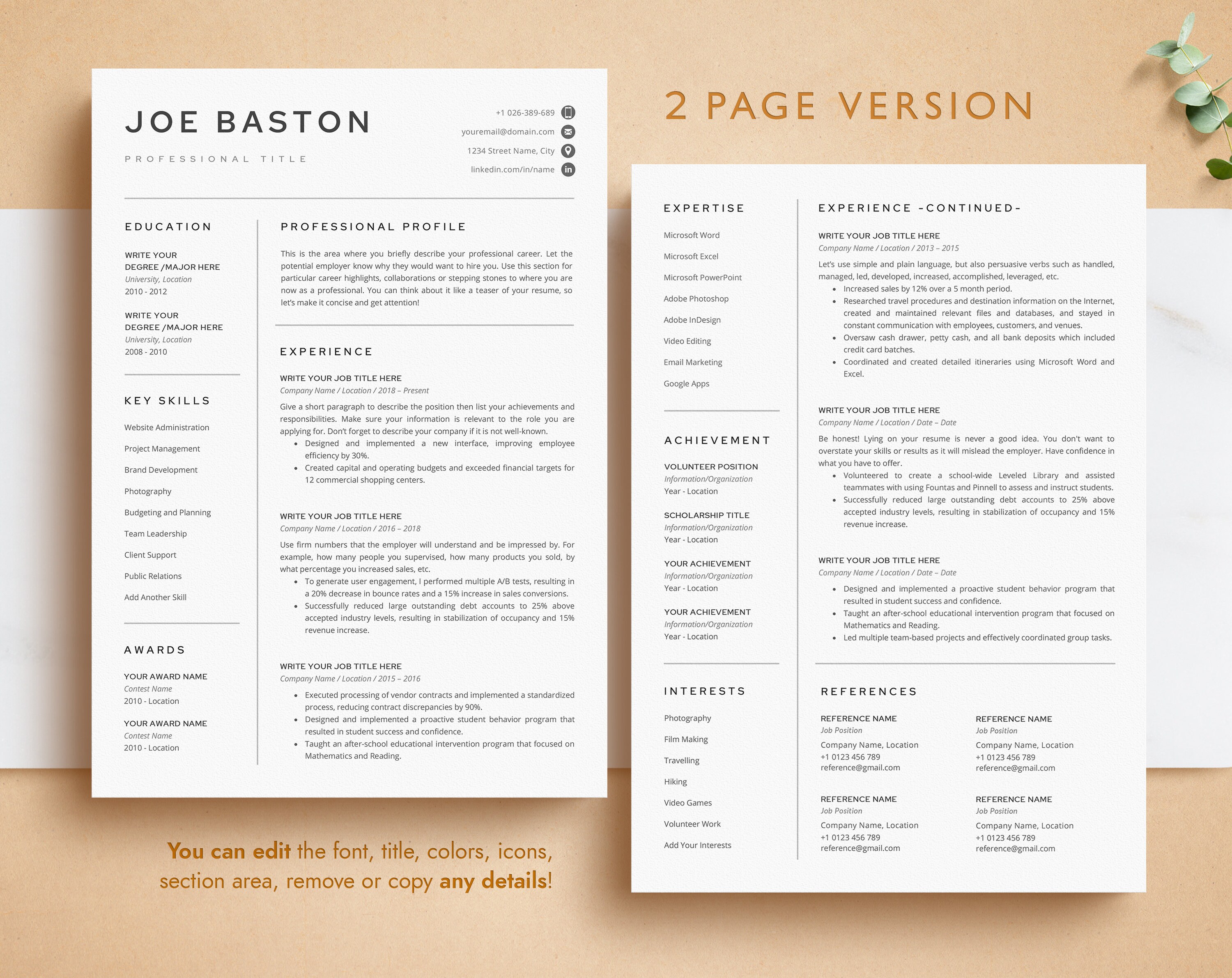 Professional Resume Template for Word Pages Google Docs - Etsy