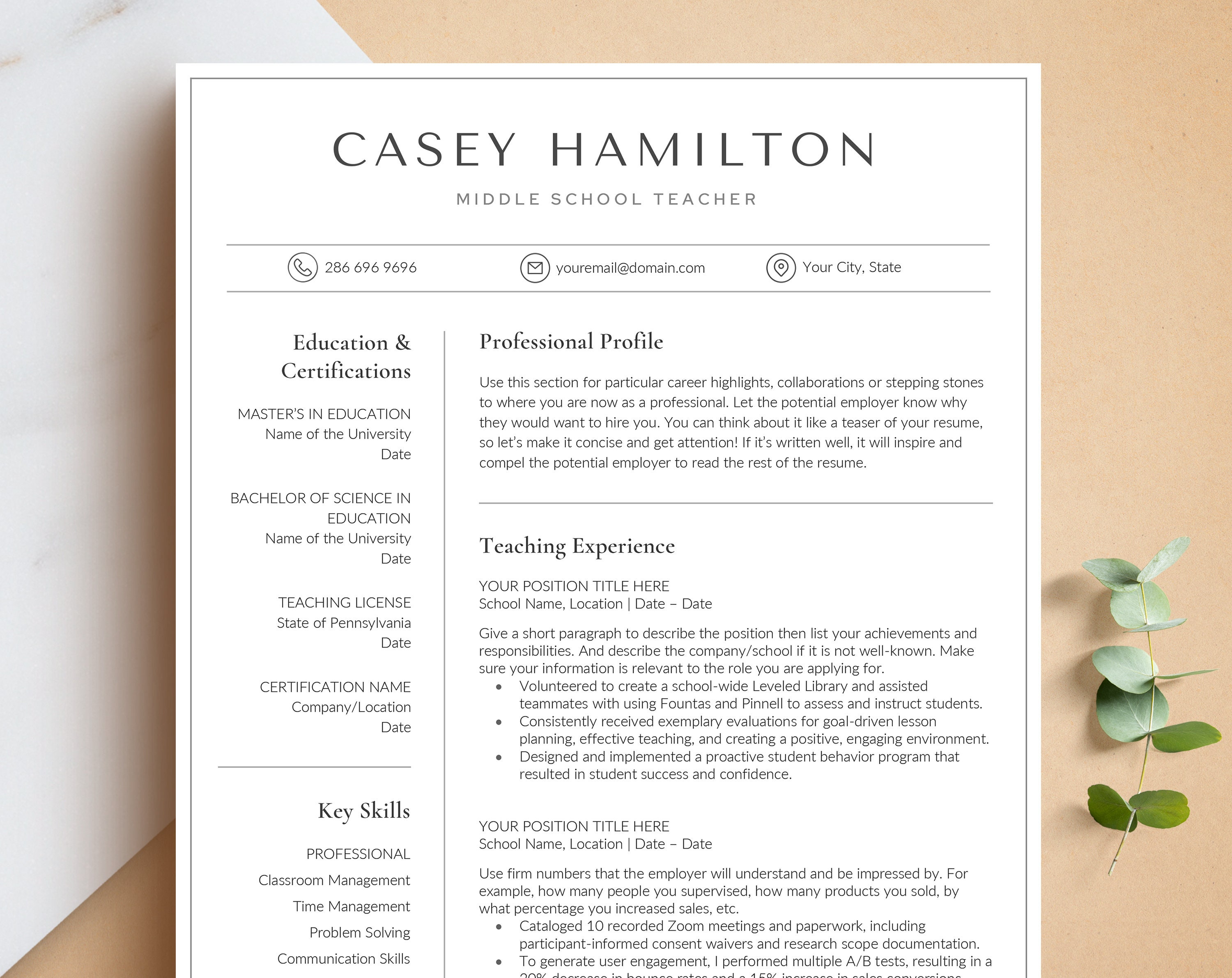 Teacher Resume Template for Microsoft Word & Pages, Middle School ...