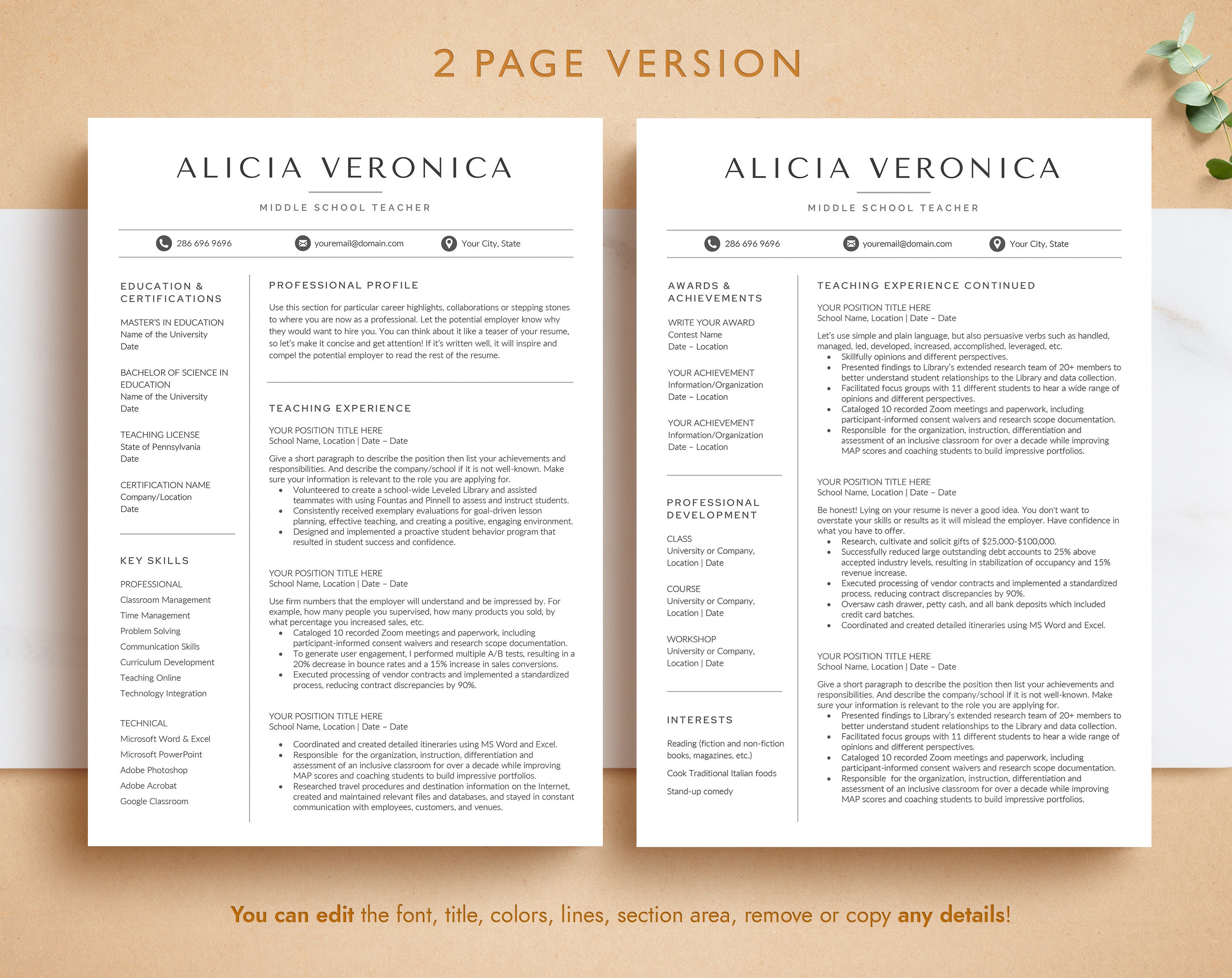 Teacher Resume Template for Microsoft Word & Mac Pages, Middle School ...
