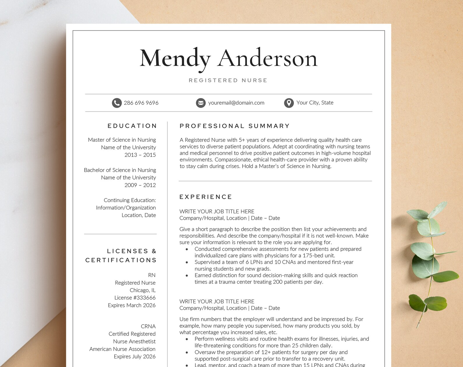 Nursing Resume Template for Microsoft Word & Pages, Medical Resume ...