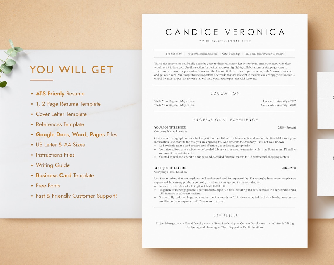 ATS Friendly Resume Template for Word Page Google Docs - Etsy