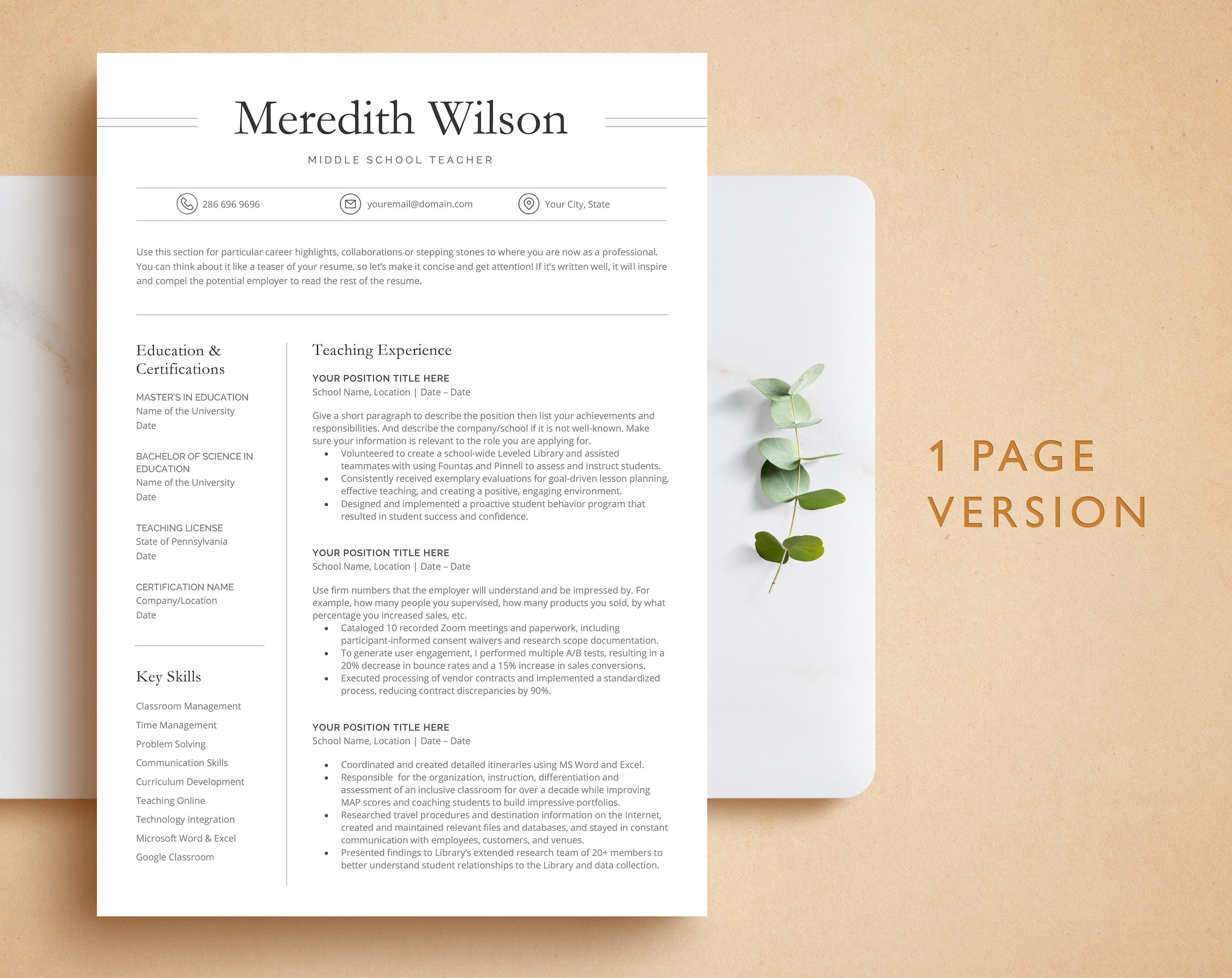 Teacher Resume Template for Microsoft Word & Pages, Professional Resume ...
