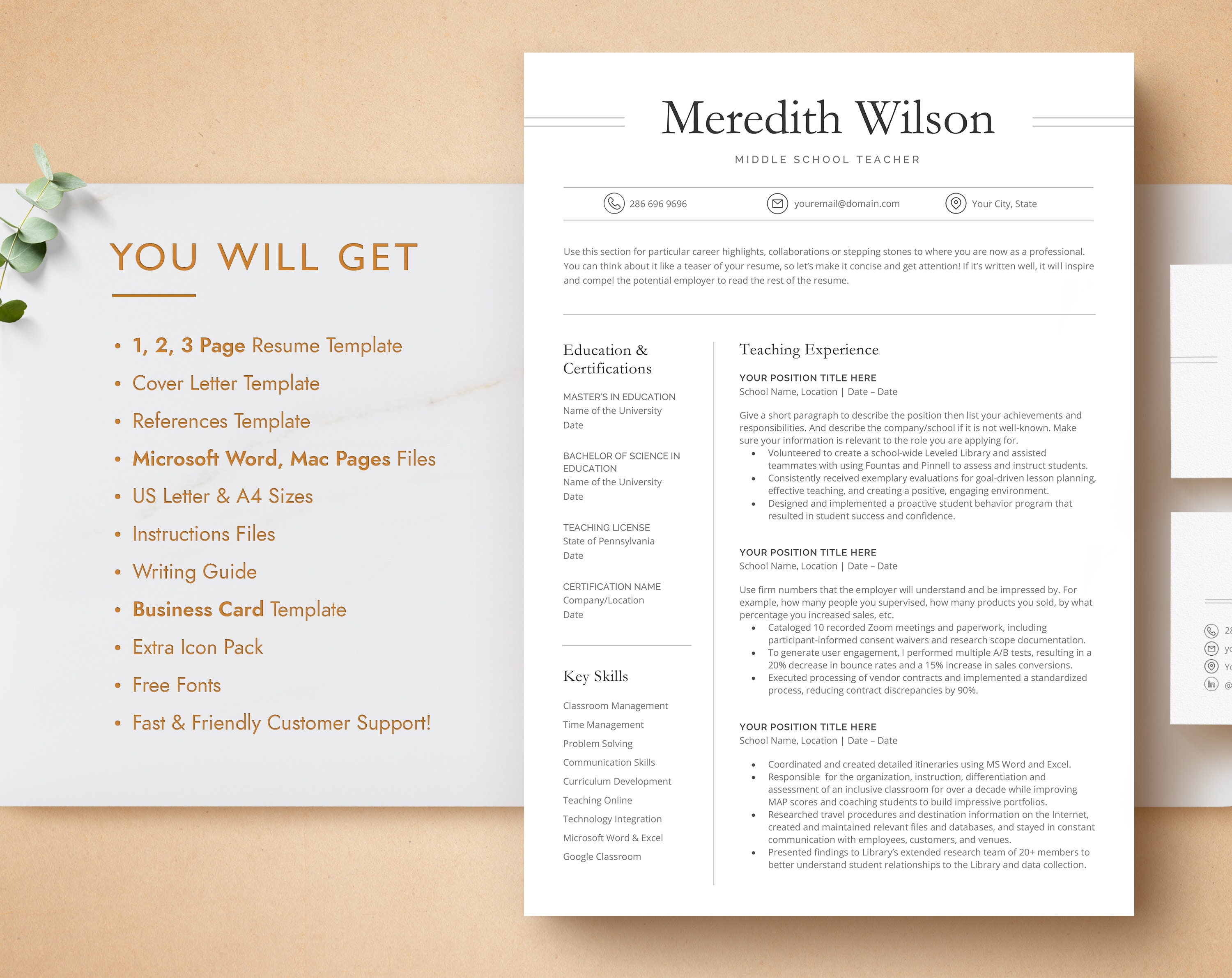 Teacher Resume Template for Microsoft Word & Pages, Professional Resume ...