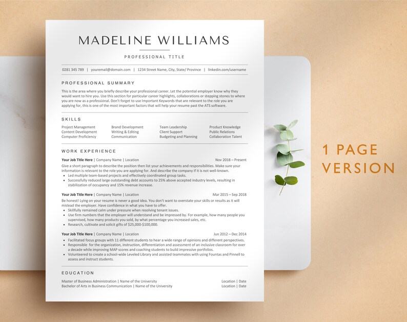 ATS Friendly Resume Template Word, Pages, Google Docs, Minimalist ...