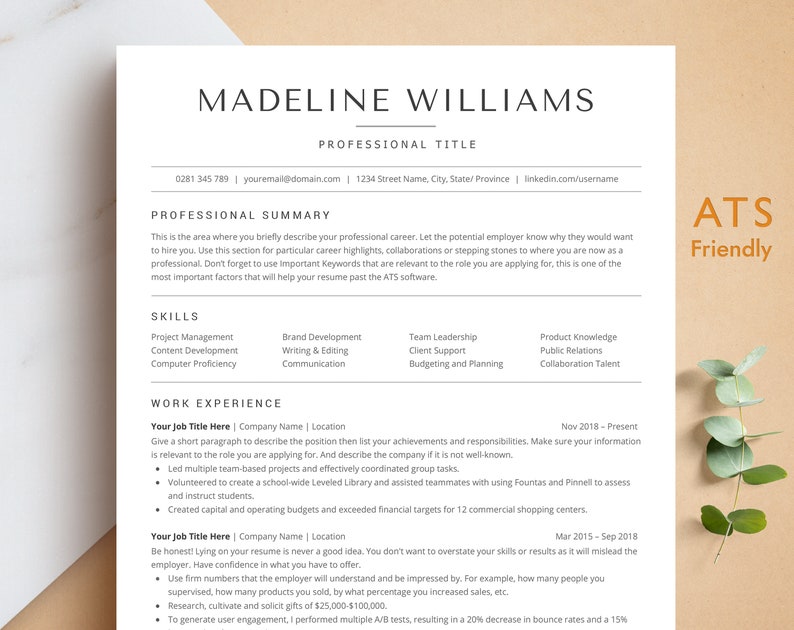 ATS Friendly Resume Template Word, Pages, Google Docs, ATS Resume, ATS ...