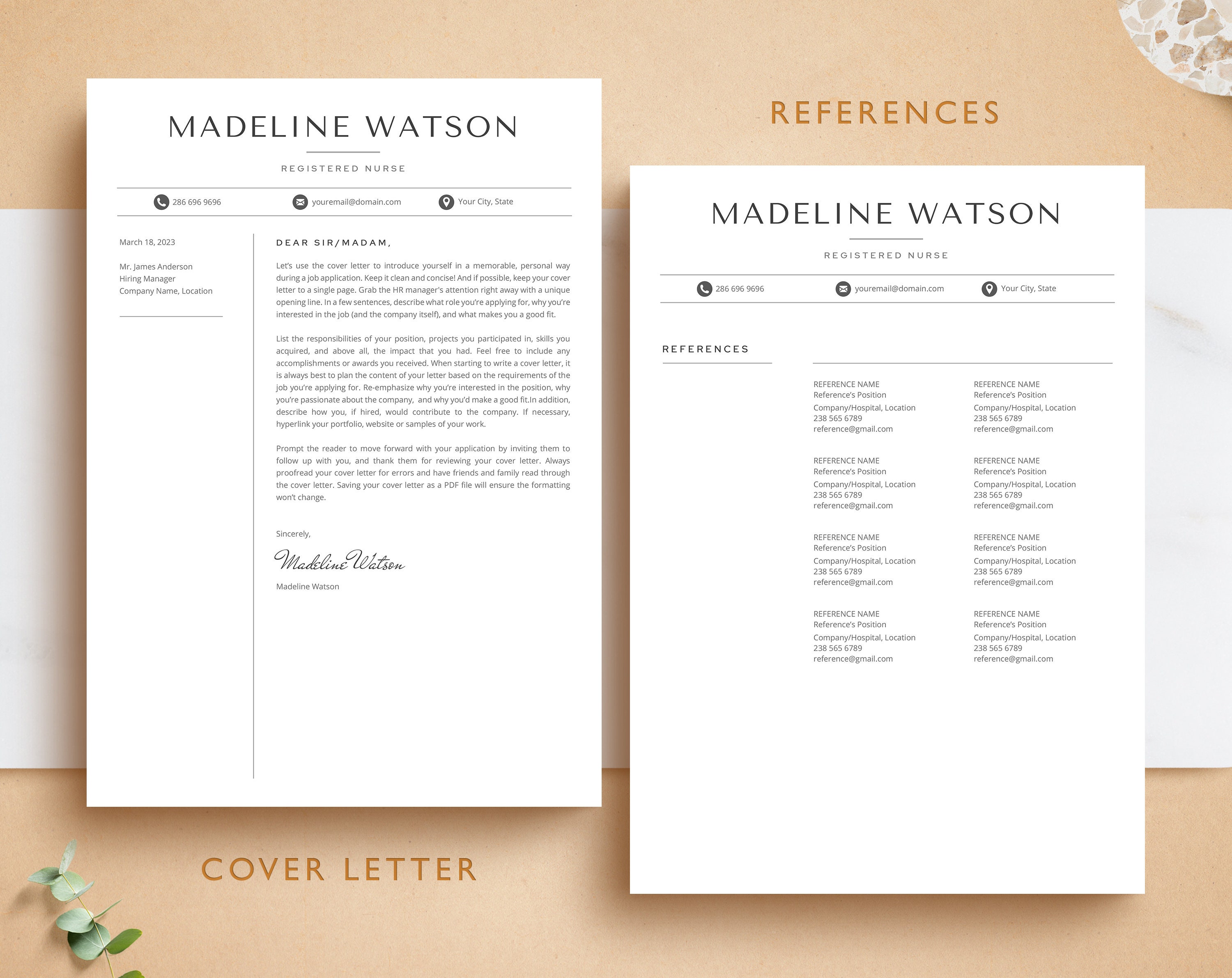 Nursing Resume Template & Cover Letter for Word and Pages Business Card ...