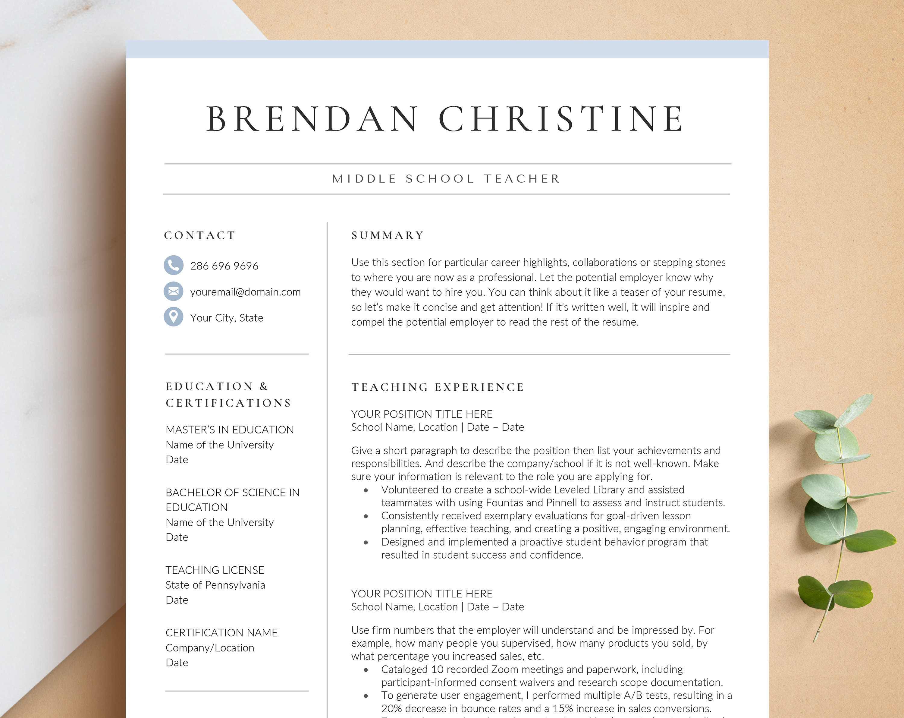 Teacher Resume Template for Microsoft Word & Pages, Middle School ...