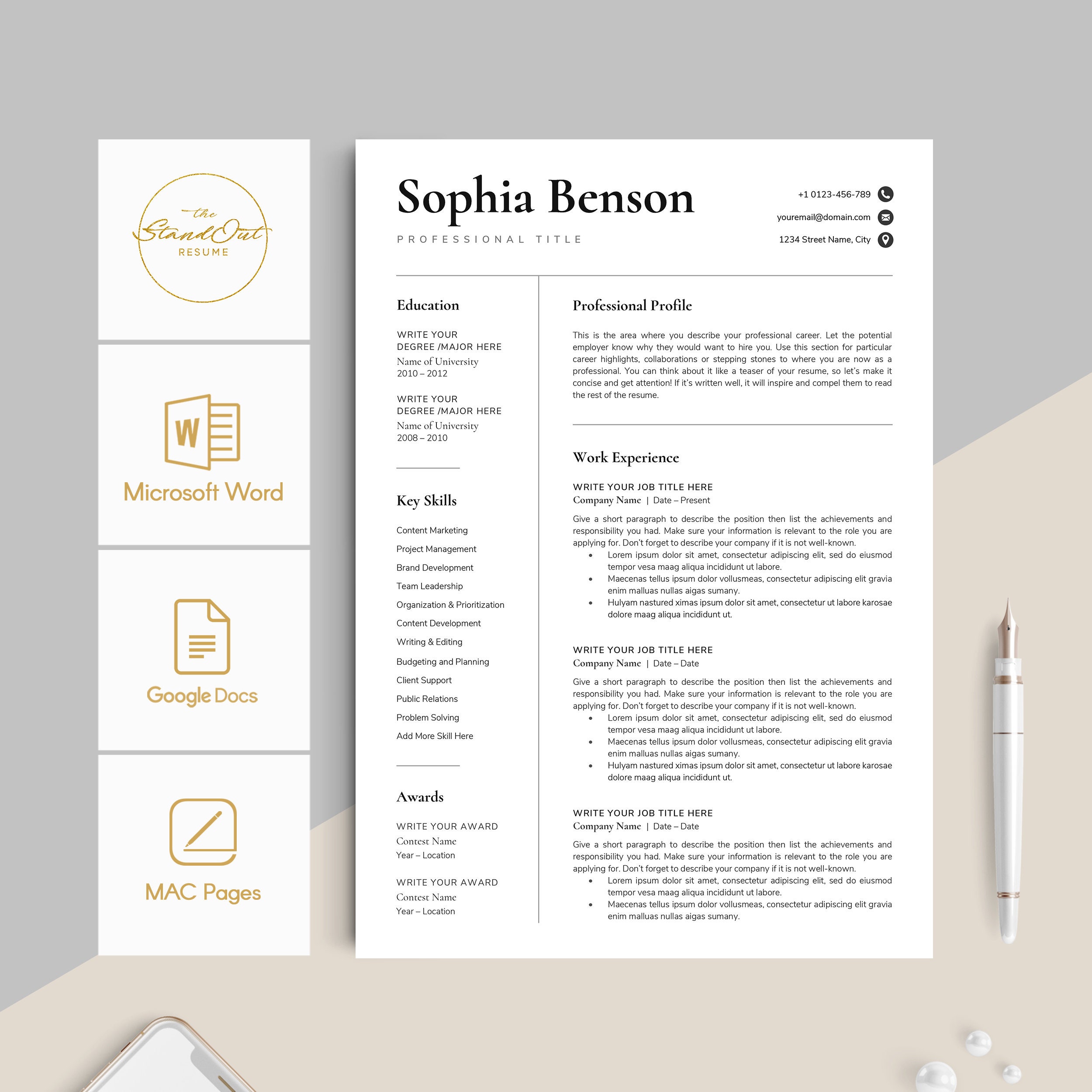 Professional Resume Template for Word Pages Google Docs | Etsy