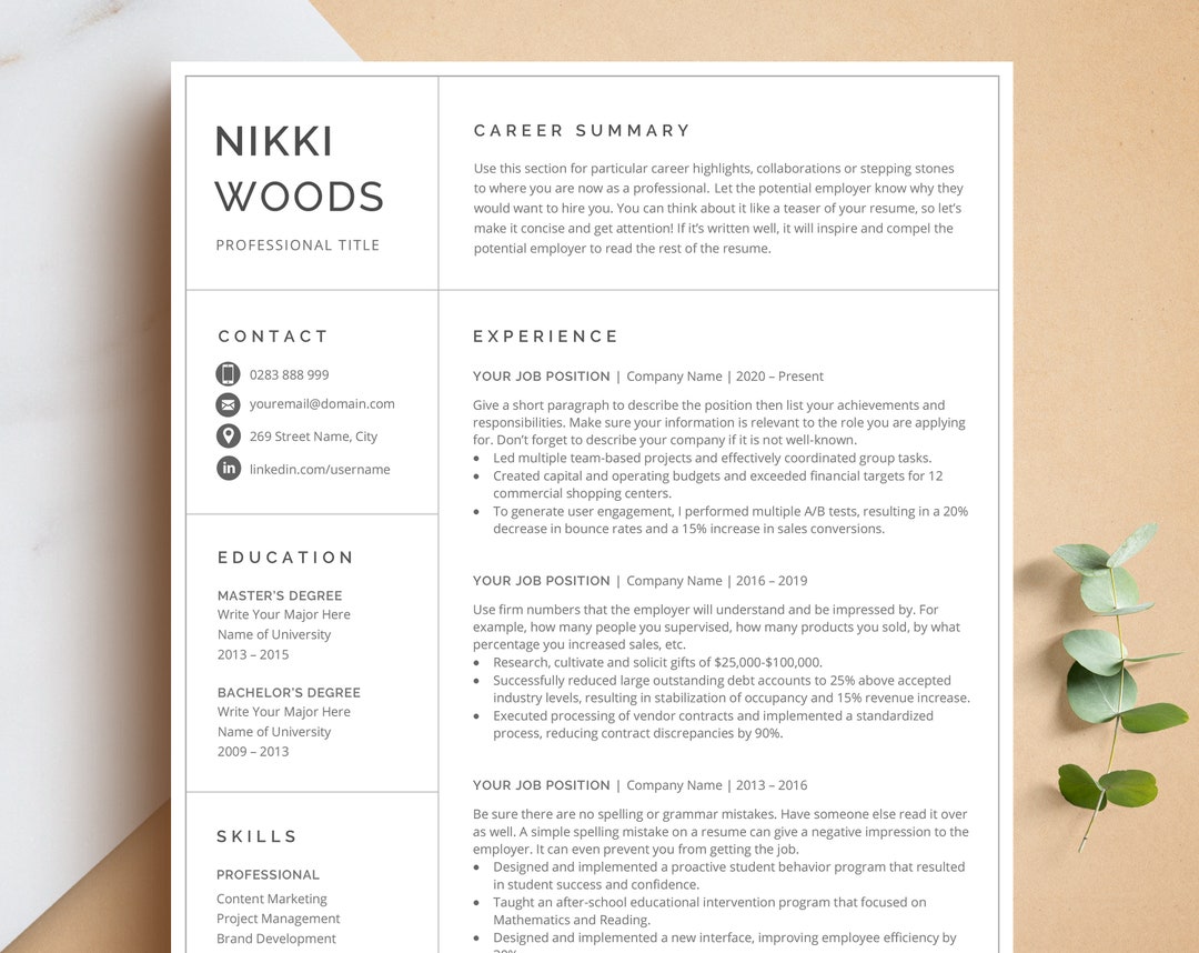 Resume Template With Focus on Work Experience | Resume Template for ...