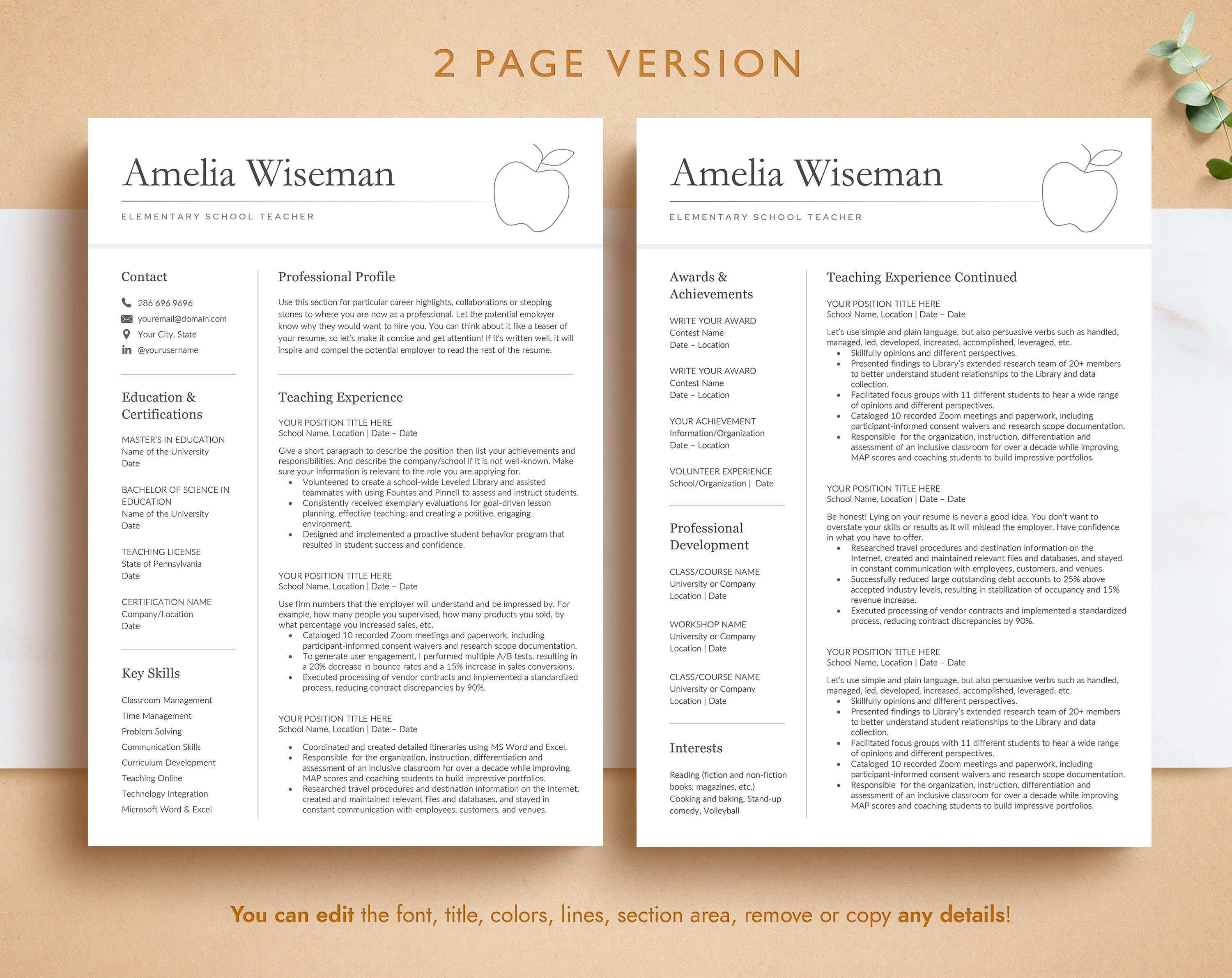 Teacher Resume Template for Microsoft Word & Pages, Teaching Resume ...