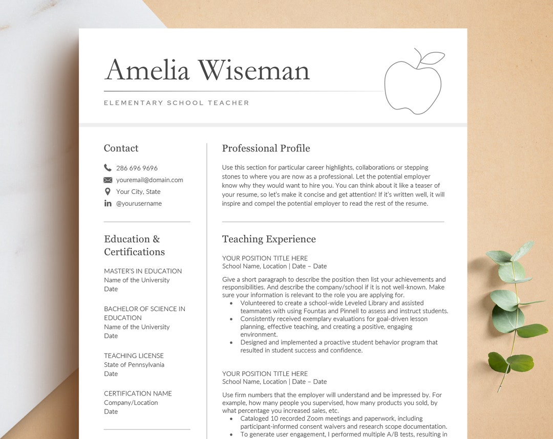 Teacher Resume Template for Microsoft Word & Pages, Teaching Resume ...