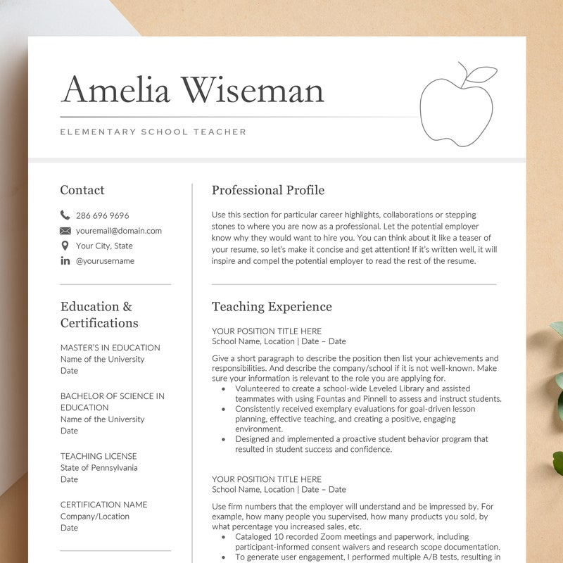 Resume Template Teacher - Etsy