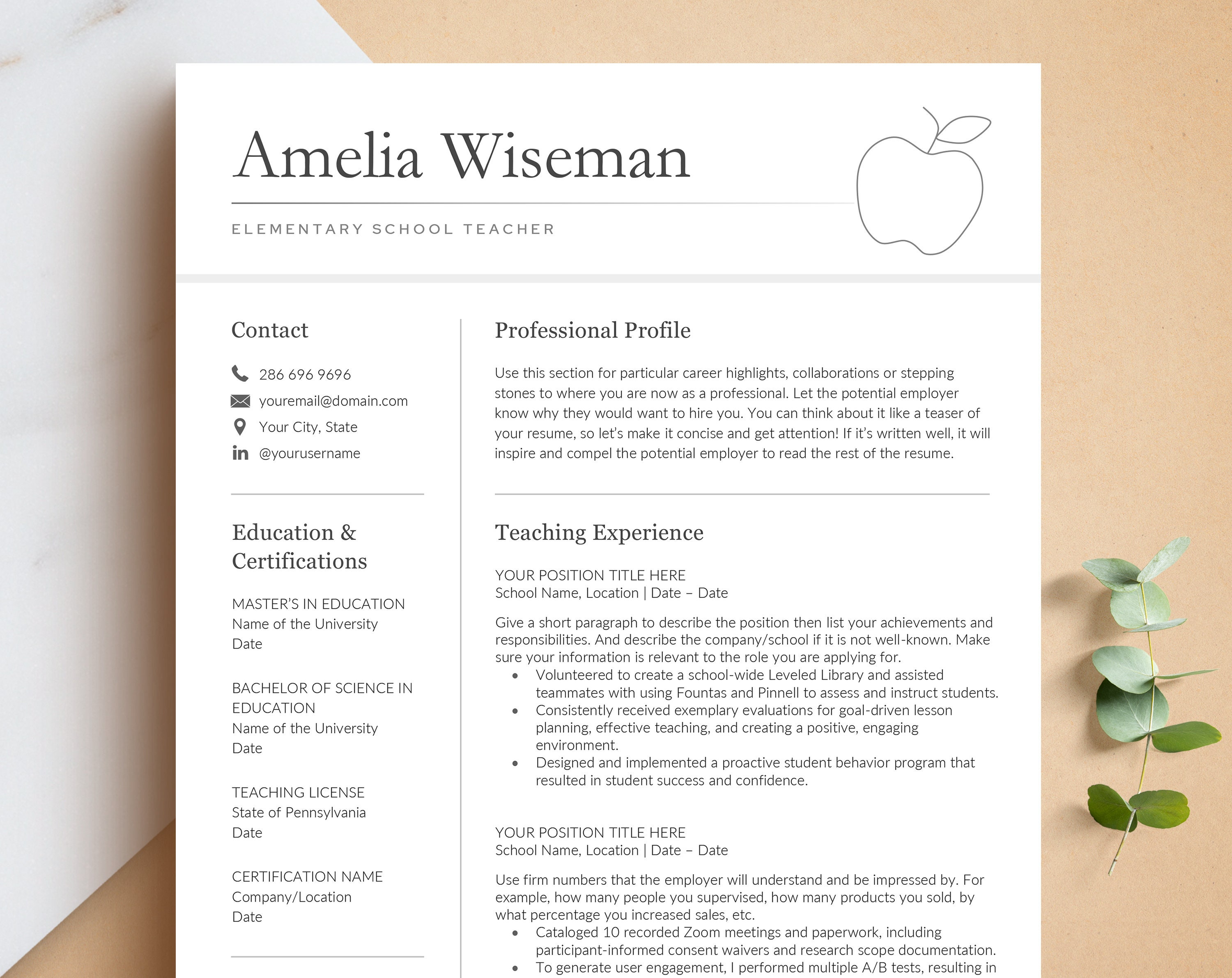 Teacher Resume Template for Microsoft Word & Pages, Teaching Resume ...