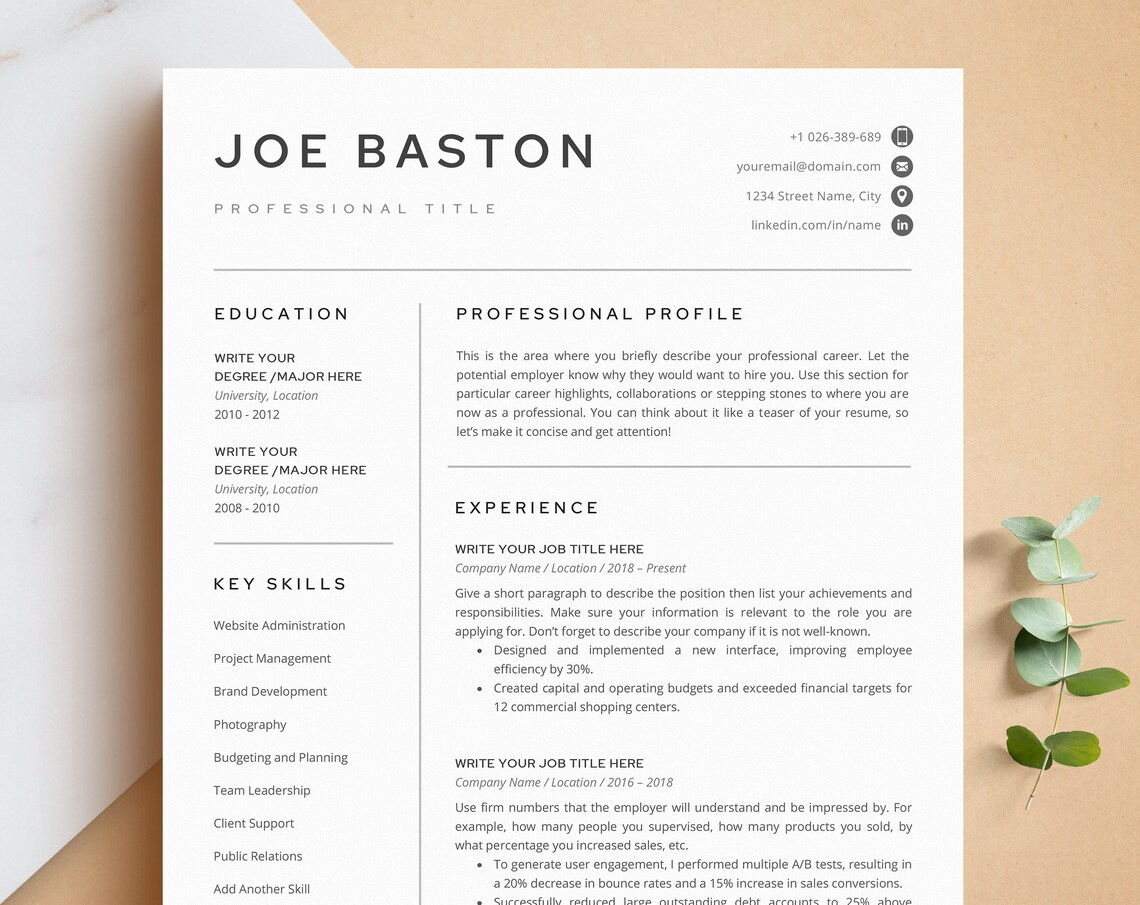 Professional Resume Template for Word Pages Google Docs - Etsy