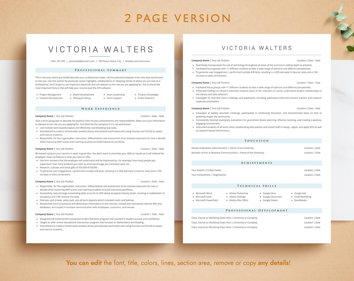Modern ATS Friendly Resume, ATS Resume Template Word, Pages, Google ...