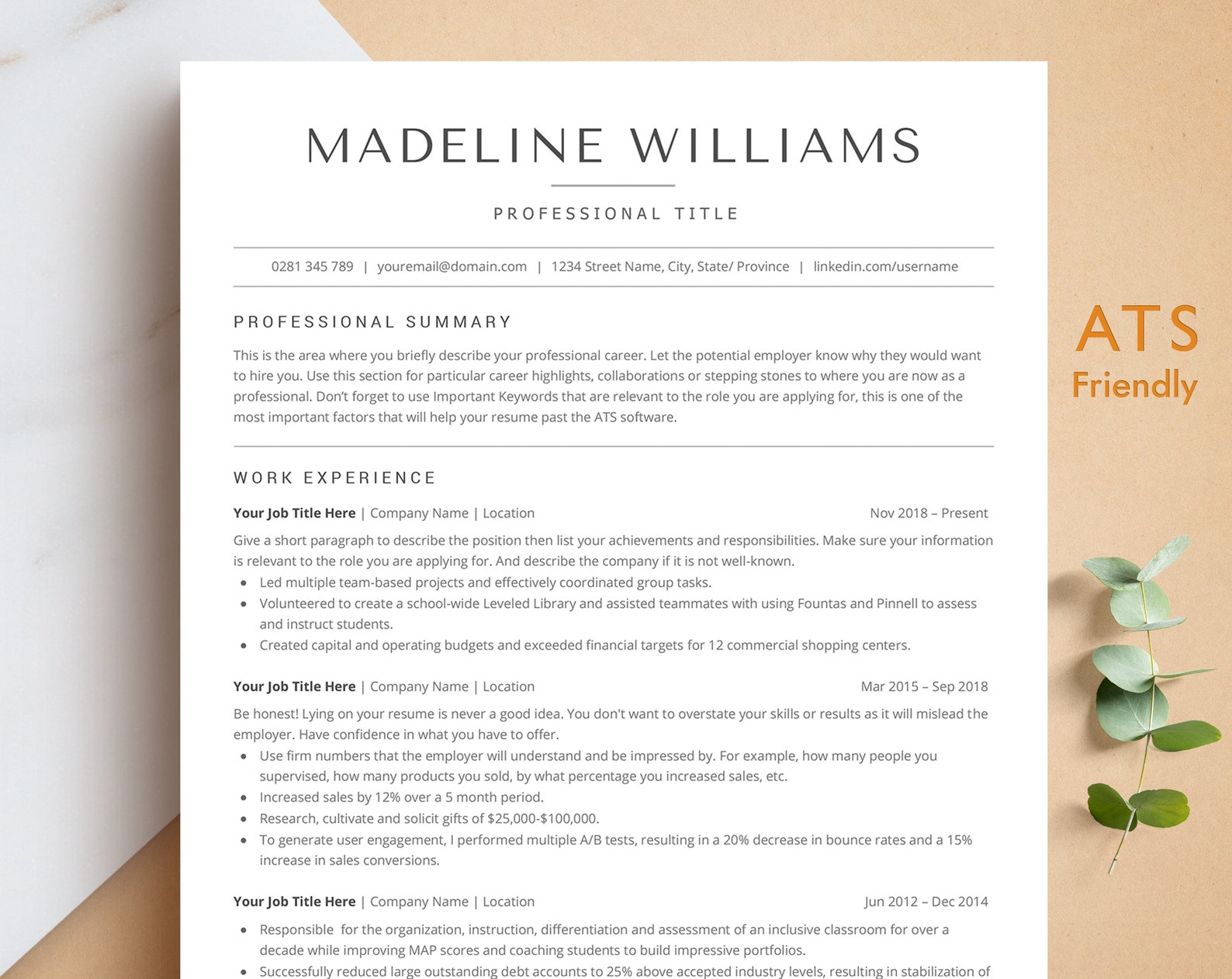 ATS Friendly Resume Template Word, Pages, Google Docs, ATS Resume ...