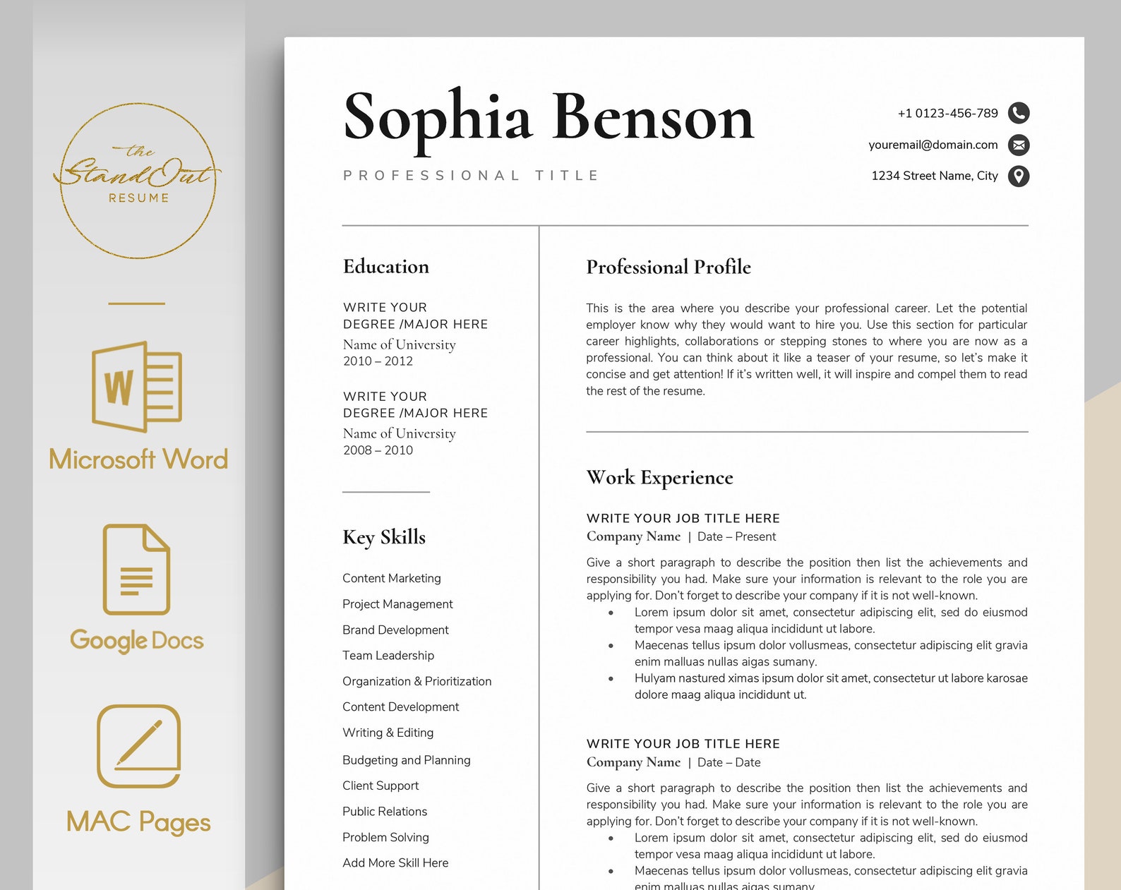Professional Resume Template for Word Pages Google Docs | Etsy