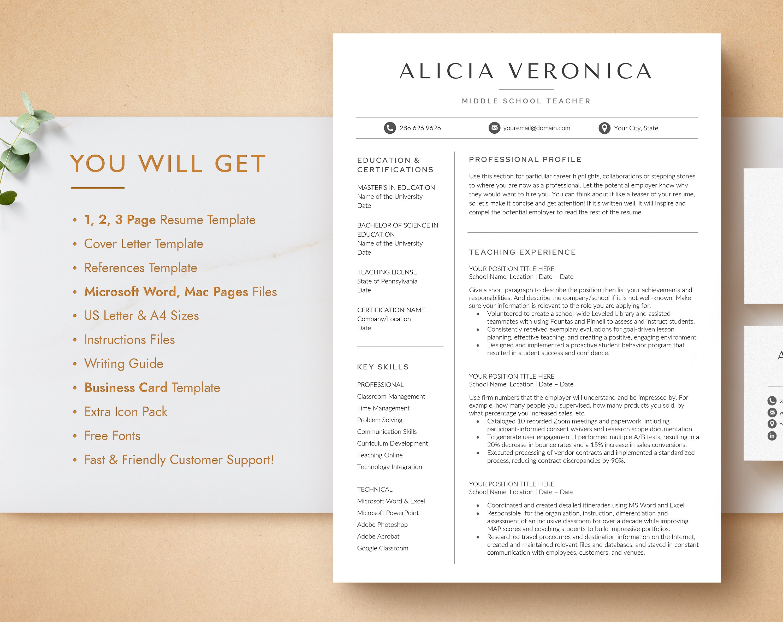 Teacher Resume Template for Microsoft Word & Mac Pages, Middle School ...