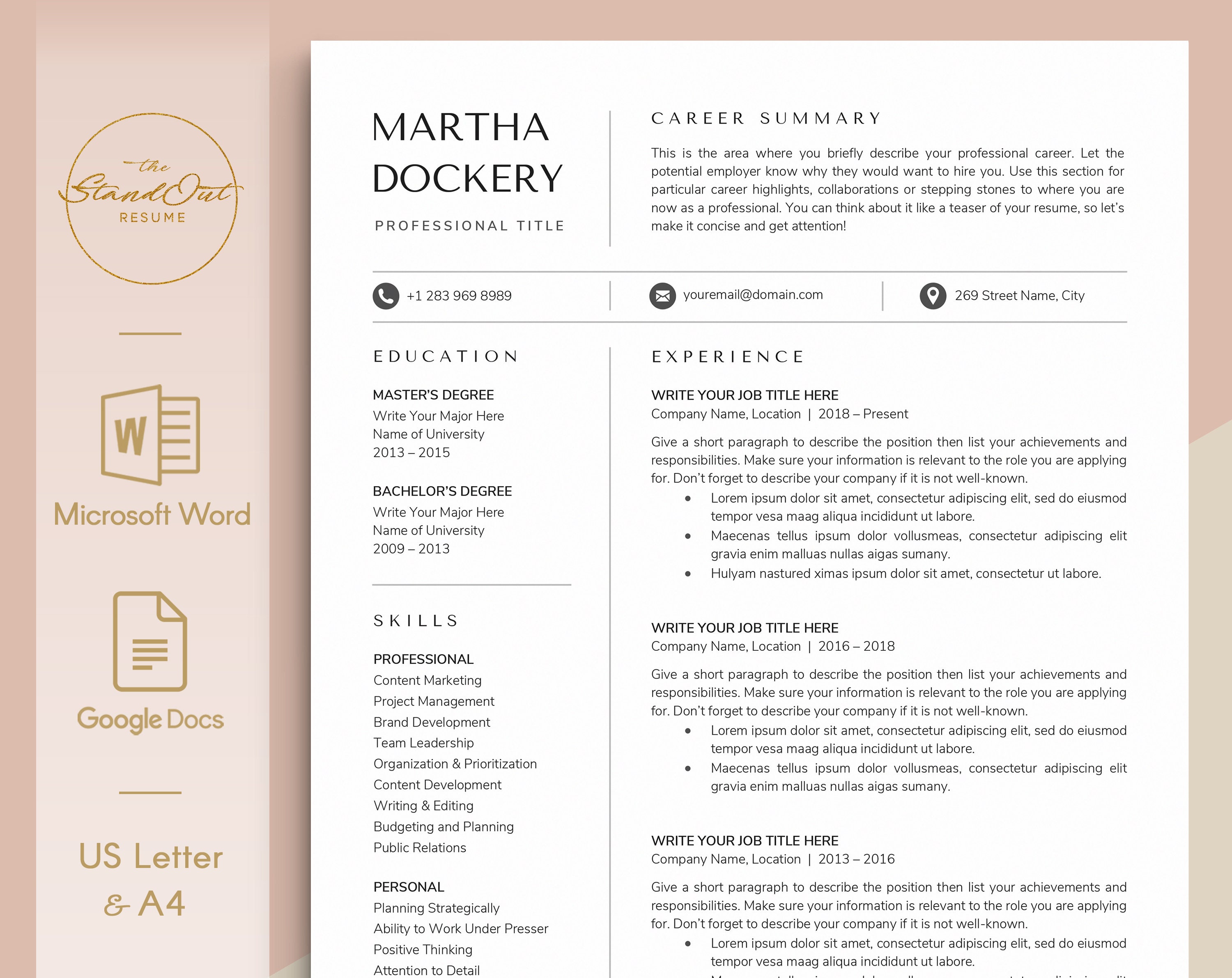 Professional Resume Template for Word & Google Docs Creative | Etsy