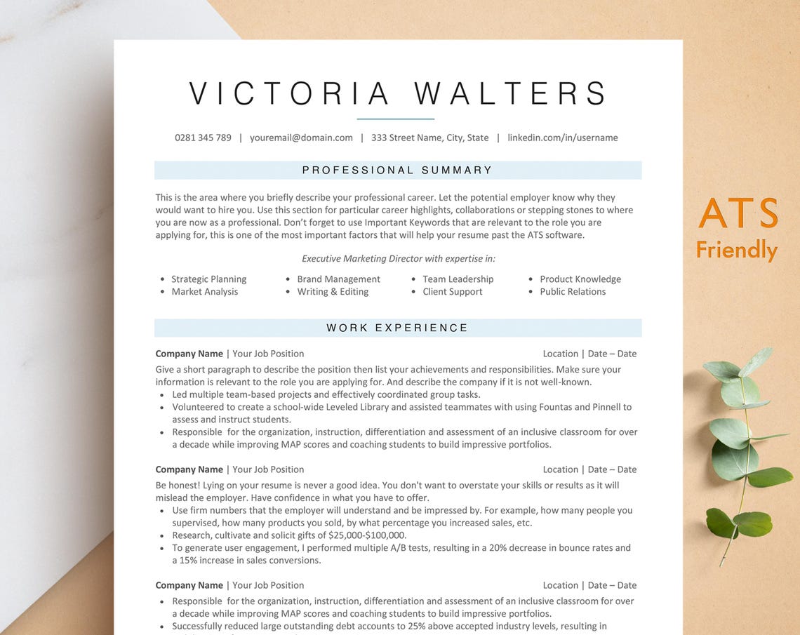Modern ATS Friendly Resume, ATS Resume Template Word, Pages, Google ...