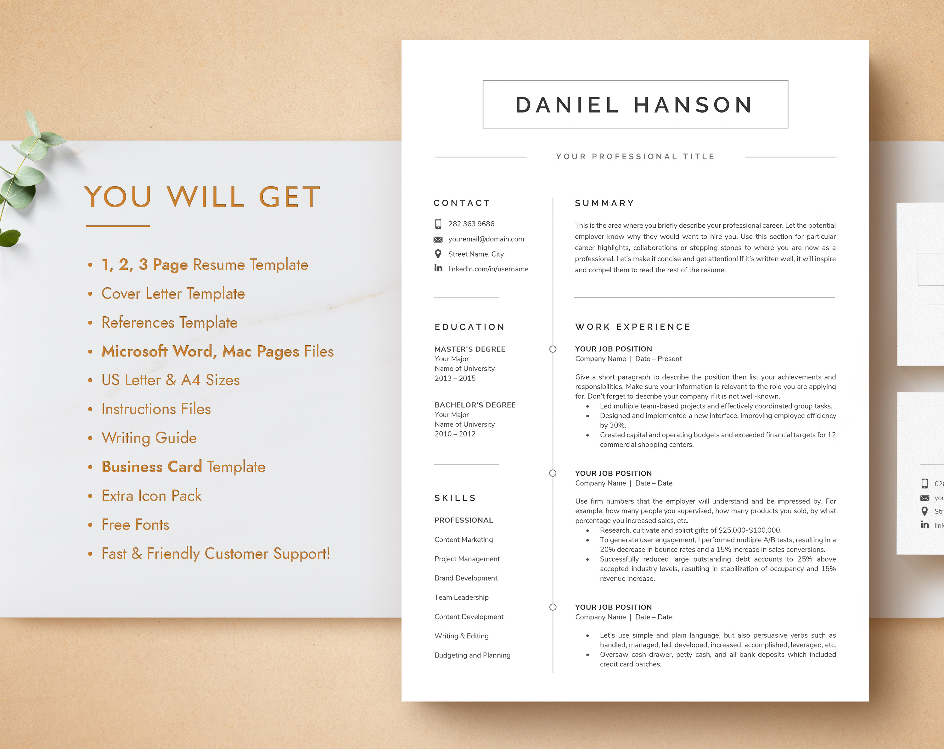 Professional Resume Template for Word & Apple Pages Minimal Resume ...