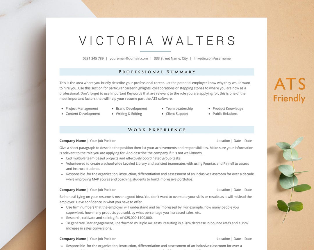 Modern ATS Friendly Resume, ATS Resume Template Word, Pages, Google ...