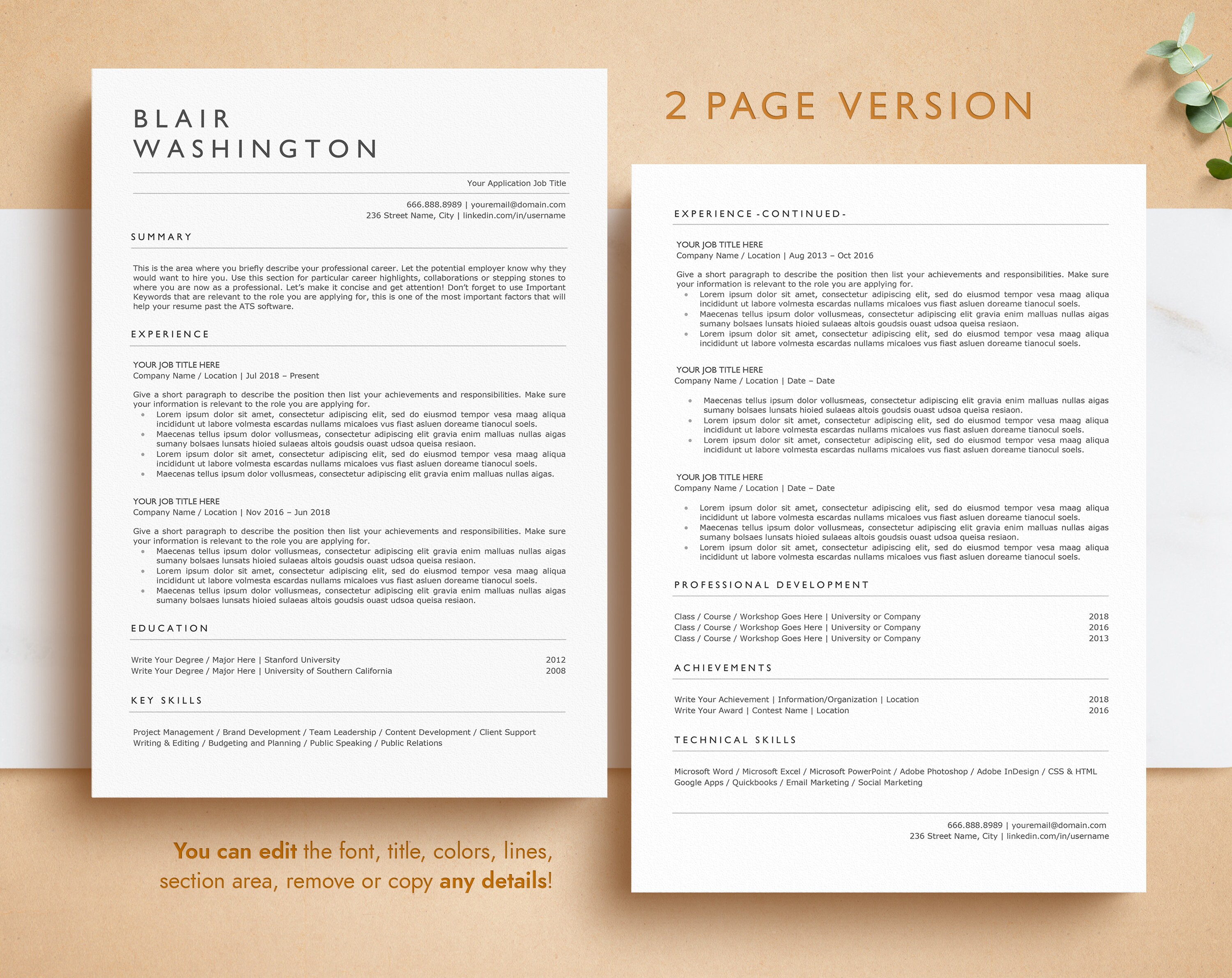ATS Friendly Resume, Professional Resume Template for Word, Pages ...