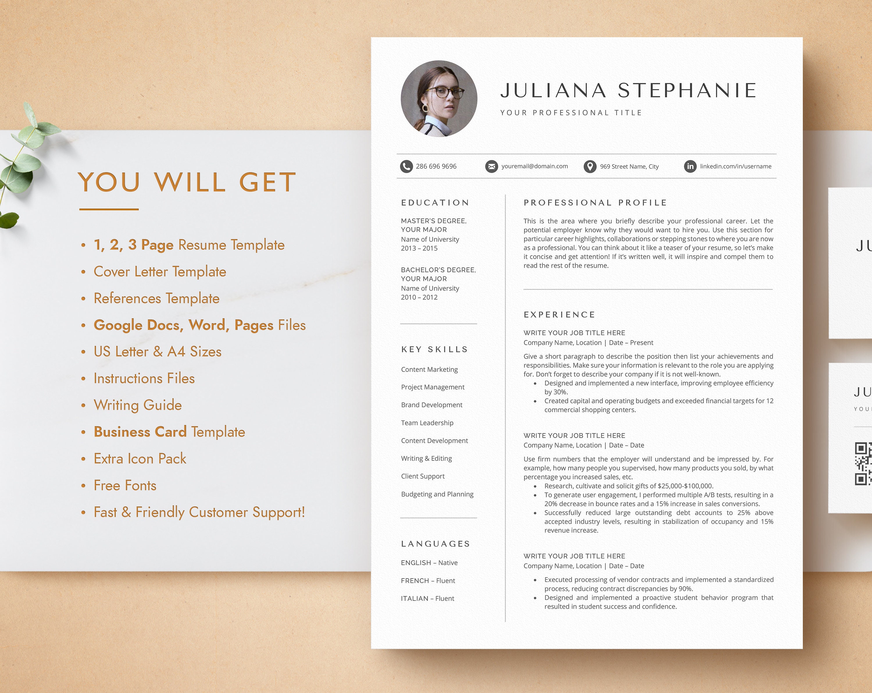 Modern Resume Template for Google Docs, Word, Pages | Professional ...