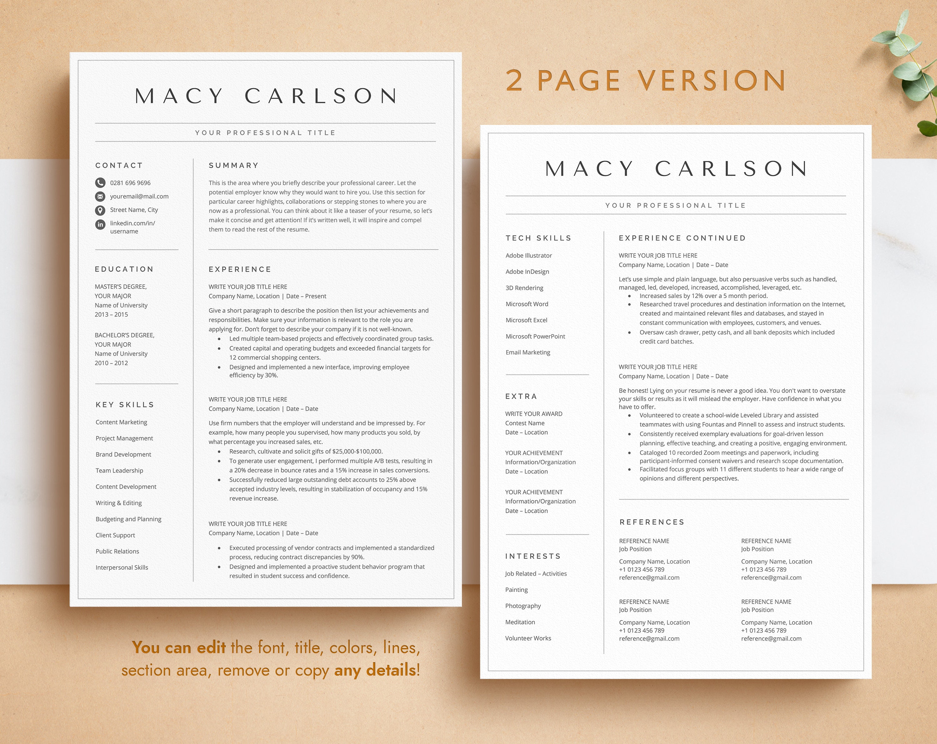 Modern Resume Template for Microsoft Word & Pages, Resume CV Template ...