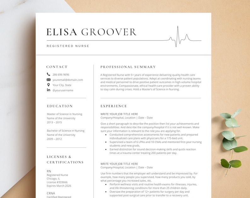 New Grad Nurse Resume Template, Registered Nurse Resume for Word and ...