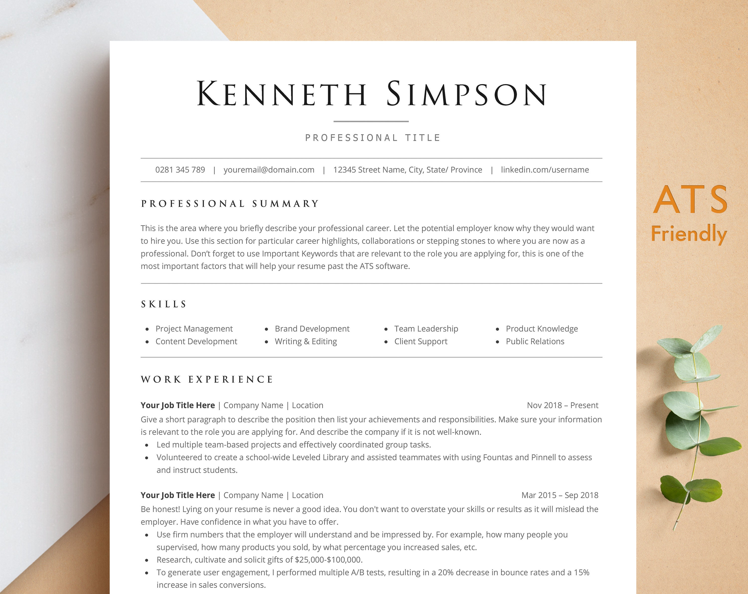 ATS Resume Template for Google Docs, Word, Pages, ATS Friendly Resume ...