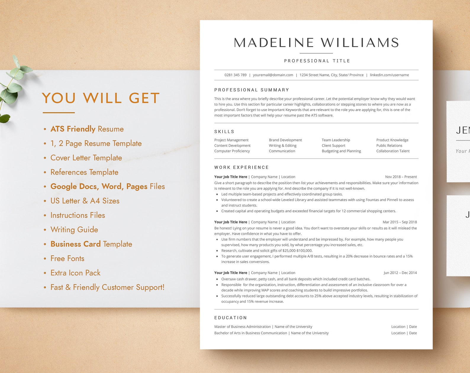 ATS Friendly Resume Template Word, Pages, Google Docs, ATS Resume ...