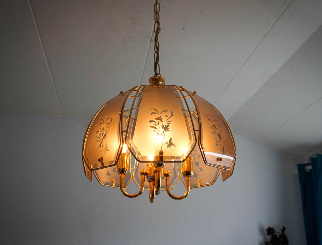 1980s Brass Glass Pendant Light, Hollywood Regency Pendant Ceiling Lamp ...