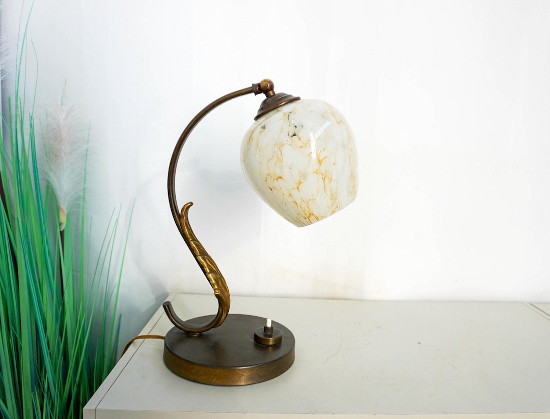 French Art Deco Table Lamp, Marbled Glass Shade, Yellow White Glass ...