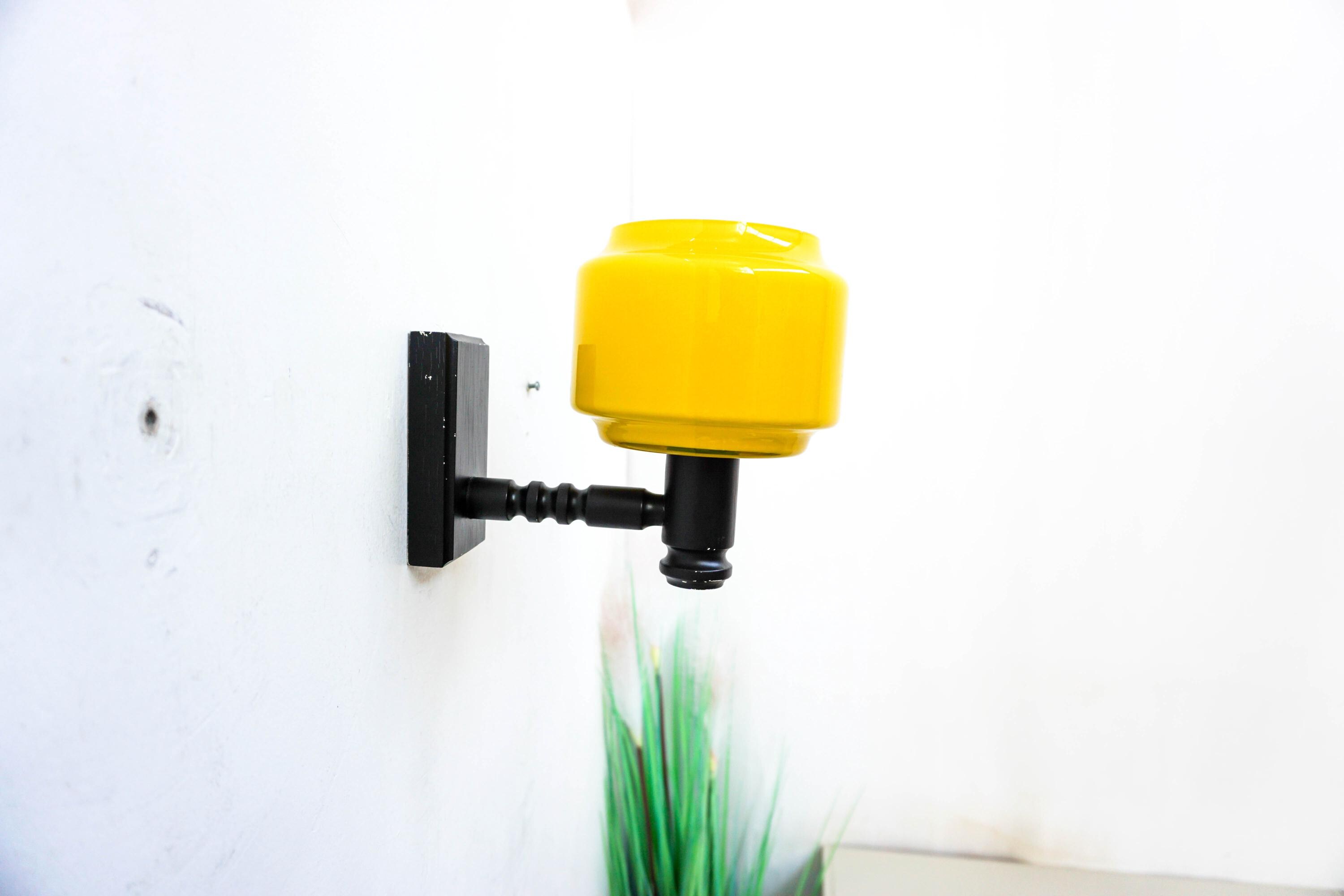 1960s Swedish Oak Wall Lamp, Yellow Opaline Glass, Wooden Wall Lamp ...