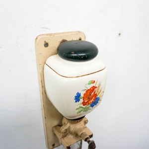 Antique German Wall Coffee Grinder - Ceramic White Blue Red Yellow ...