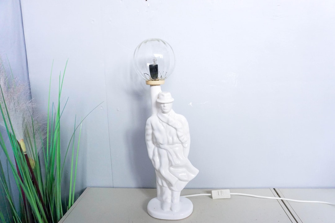 White Ceramic Table Lamp, Man Standing, Glass Ball, Delft White - Etsy