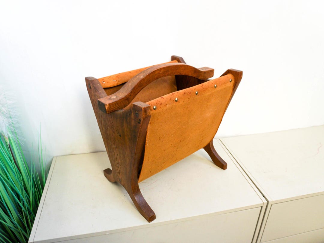 Mid Century Handmade Dutch Oak Wood Leather Magazine Rack, Solid Wood ...