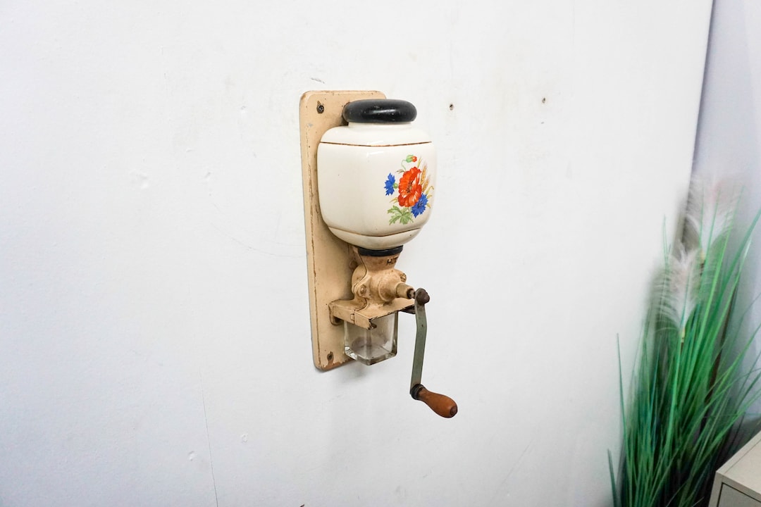 Antique German Wall Coffee Grinder - Ceramic White Blue Red Yellow ...
