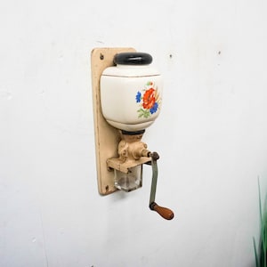 Antique German Wall Coffee Grinder - Ceramic White Blue Red Yellow ...