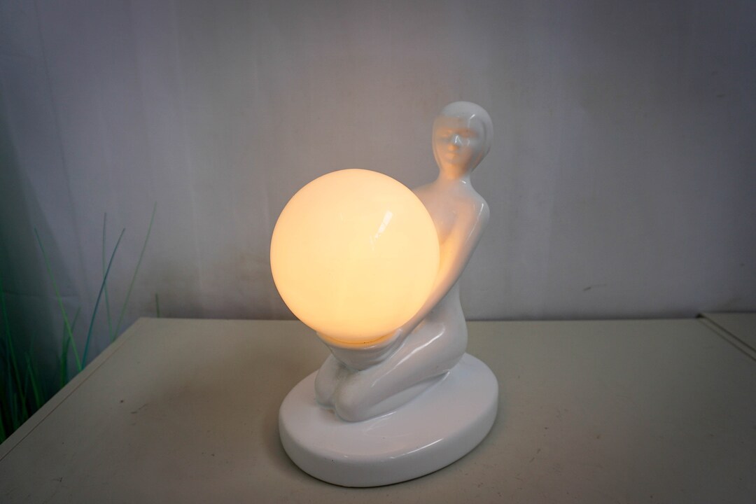 White Ceramic Table Lamp, Lady With the Bulb of Light, Glass Ball ...
