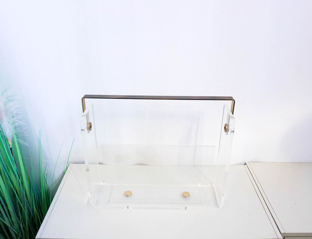 David Lange, Transparent Plexiglass, Brass Handle Magazine Rack, Mid ...