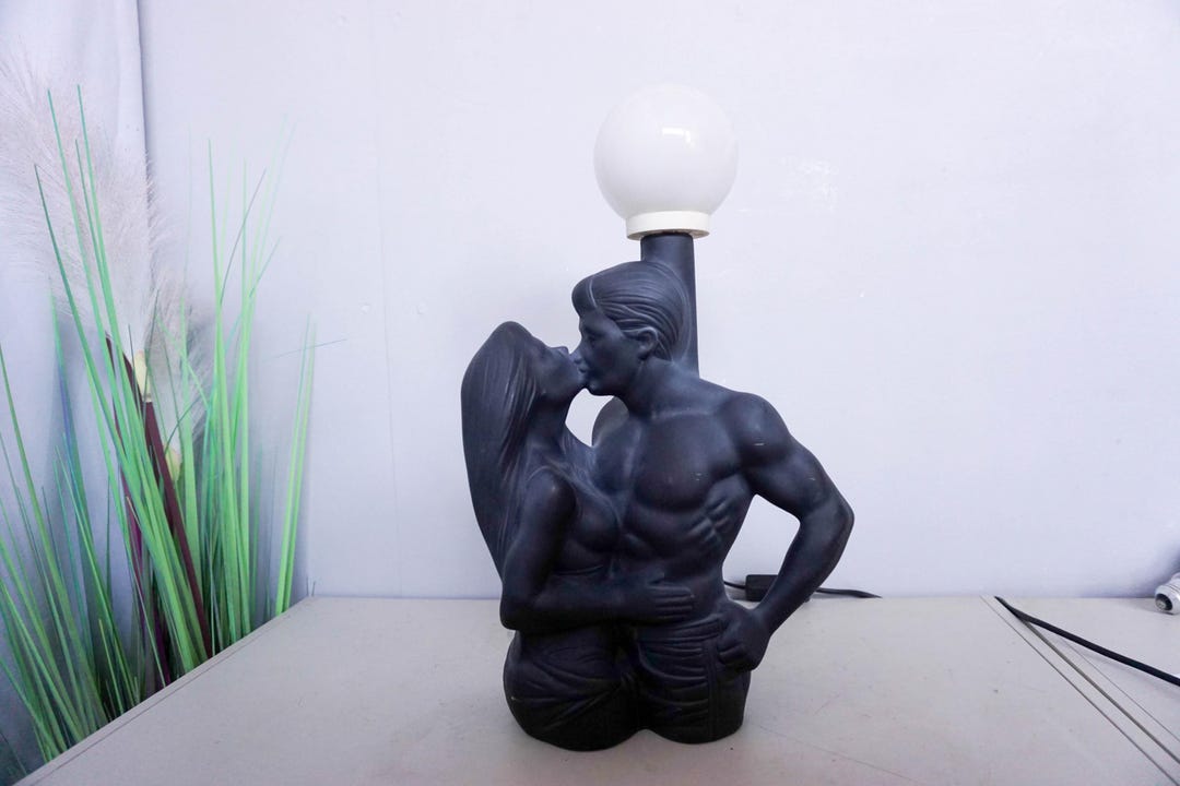 1980s Black Ceramic Table Lamp, Couple Kissing Each Other With a Glass ...